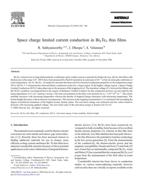 Space Charge Limited Current Conduction In Bi Te Thin Films R Sathyamoorthy J Dheepa S