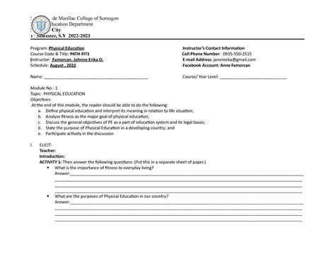 Pathfit 1 Module Hicnaknklvnkvns Higher Education Department Sorsogon City 1 St Semester S