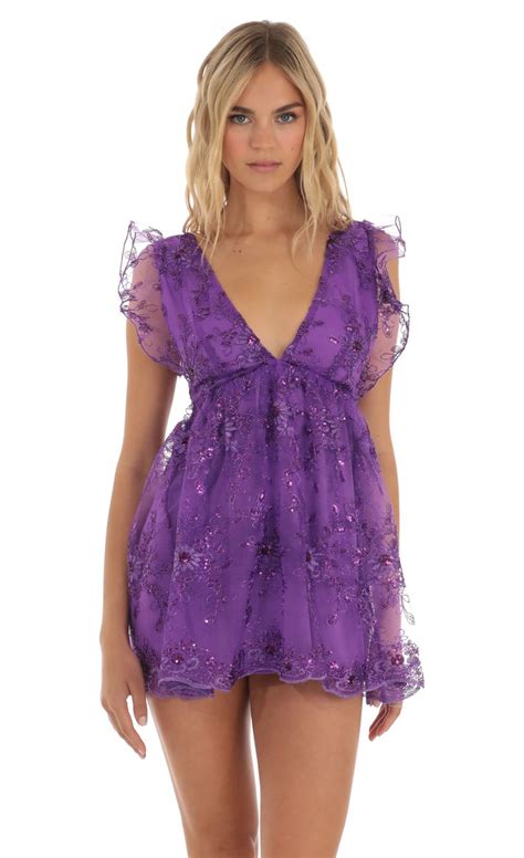 Flor Sequin Embroidered Baby Doll Dress in Purple | LUCY IN THE SKY