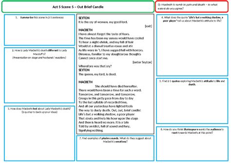 Macbeth A3 Analysis Grid A5 S5 Act 5 Scene 5 Out Brief Candle