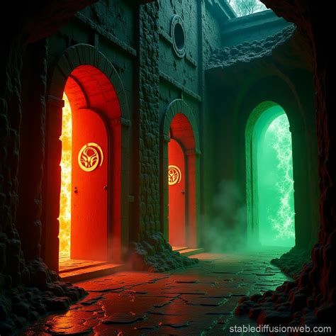 A Dark And Eerie Underground Stone Chamber With Three Massive Doors