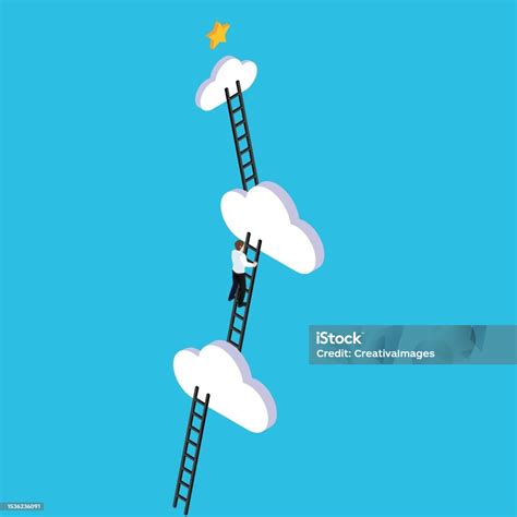 스타에 도달하기 위해 기업 사다리를 오르는 성공적인 사업가 사다리에 대한 스톡 벡터 아트 및 기타 이미지 사다리 3차원 형태 천국 Istock
