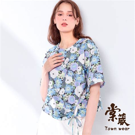 【townwear棠葳】時尚花卉鏤空綁結上衣中大尺碼女上衣女上著棉質印字滿版短袖涼感 短袖 Yahoo奇摩購物中心