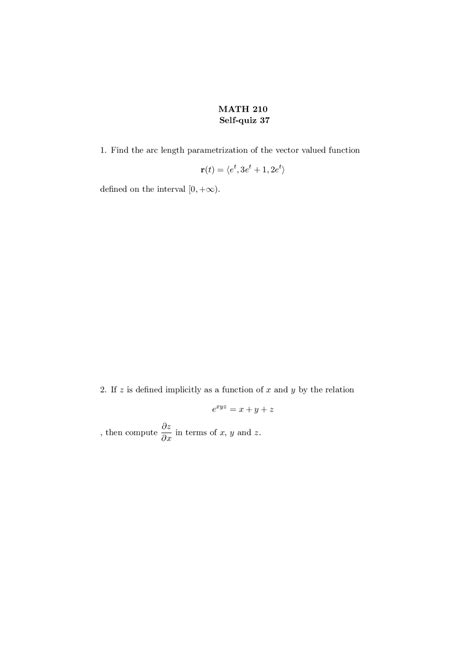 Sample Quiz 37 With Answer Key For Calculus Iii Math 210 Docsity