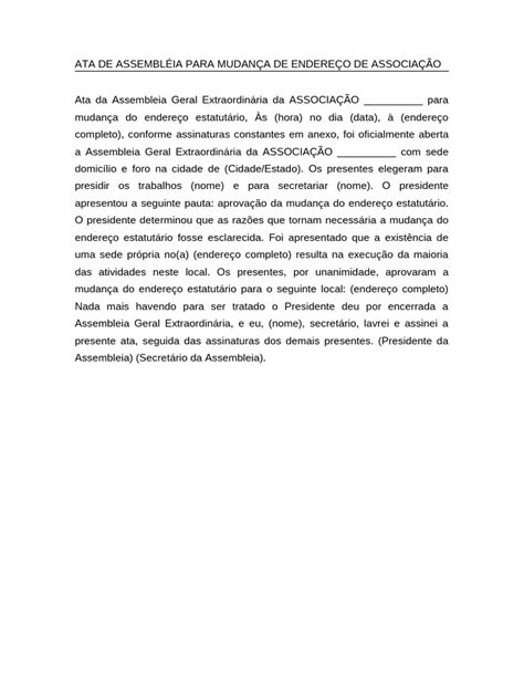 Ata De Assembléia Para Mudança De Endereço De Associação Pdf