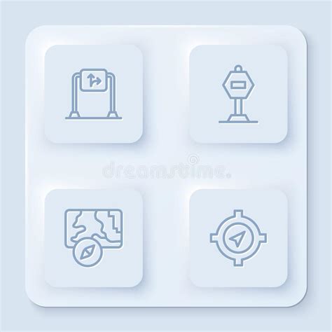 Set Line Road Traffic Sign Stop City Map Navigation And Compass White Square Button Stock