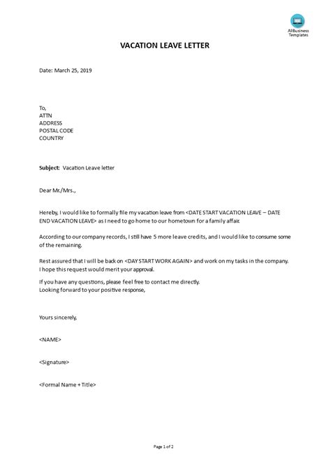 Vacation Leave Letter Templates At Allbusinesstemplates