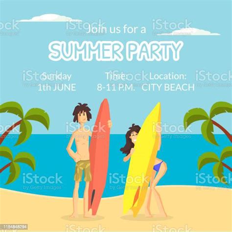 여름 파티 배너 템플릿 열 대 해변 벡터 일러스트 레이 션에 서핑 보드와 함께 서 있는 행복 한 사람들 개념에 대한 스톡 벡터 아트 및 기타 이미지 Istock
