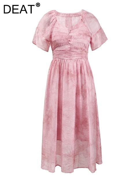 Deat Fashion Women S Dress V Neck Short Sleeve Elastic Waist Retraction