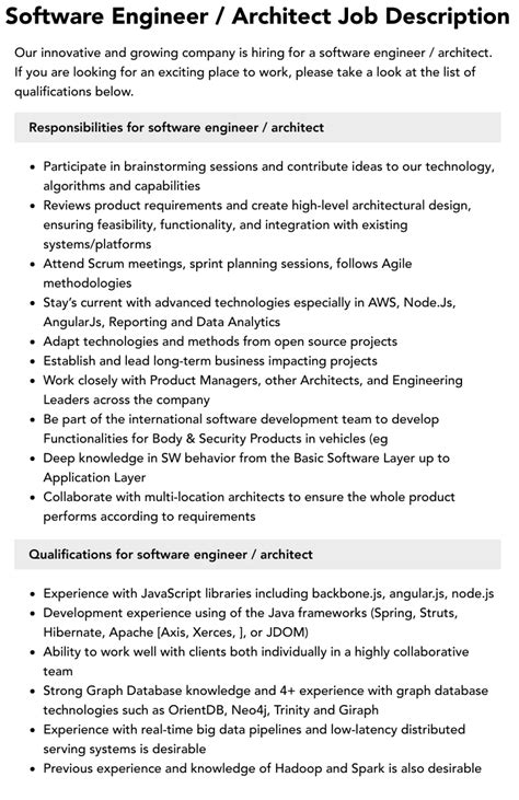 Software Engineer Architect Job Description Velvet Jobs