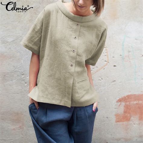 Celmia Plus Size Summer Tops Women Vintage Linen Blouses Short Sleeve