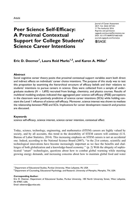 pdf peer science self efficacy a proximal contextual support for
