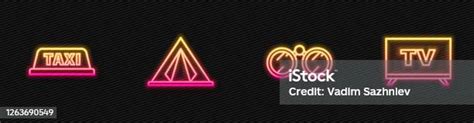 세트 라인 쌍안경 택시 자동차 지붕 관광 텐트와 스마트 Tv 빛나는 네온 아이콘 벡터 쌍안경에 대한 스톡 벡터 아트 및 기타