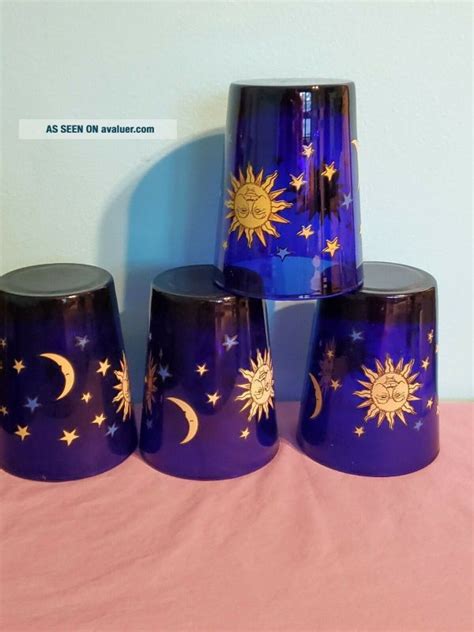 4 Libbey Cobalt Blue Celestial Sun Moon Stars Glasses 4 12 35610133