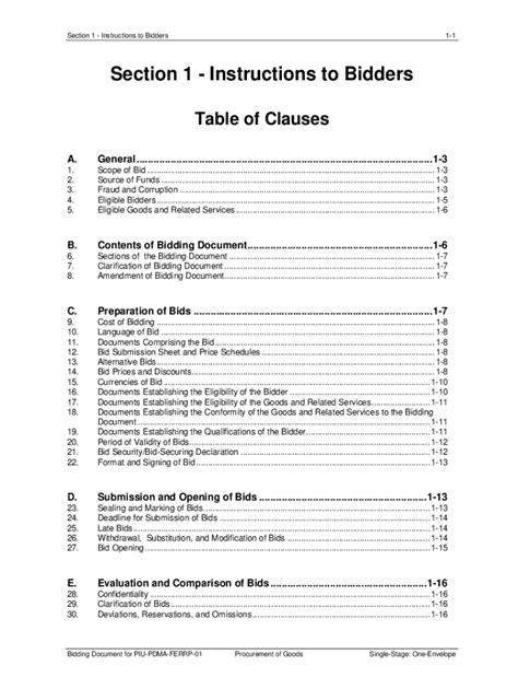 Fillable Online Section 1 Instructions To Bidders Table Of Clauses