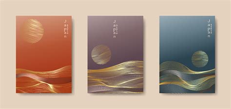 Japanese Landscape Background Set Cards Gold Line Wave Pattern Vector Illustration Colorful