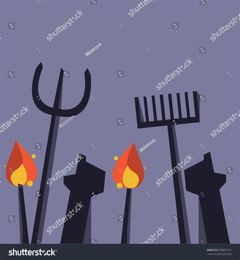 Silhouette Angry Mob Holding Pitchforks Torches Stock Vector Royalty