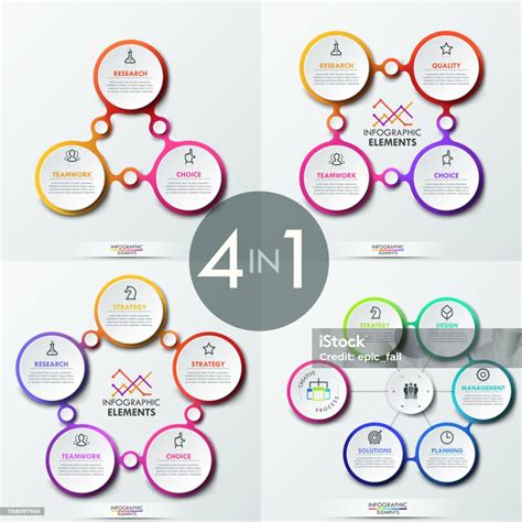 3 4 5 및 6 연결된 원형 요소 아이콘 및 텍스트 상자가있는 4 개의 창의적인 인포 그래픽 디자인 레이아웃 세트 3가지 개체에 대한 스톡 벡터 아트 및 기타 이미지