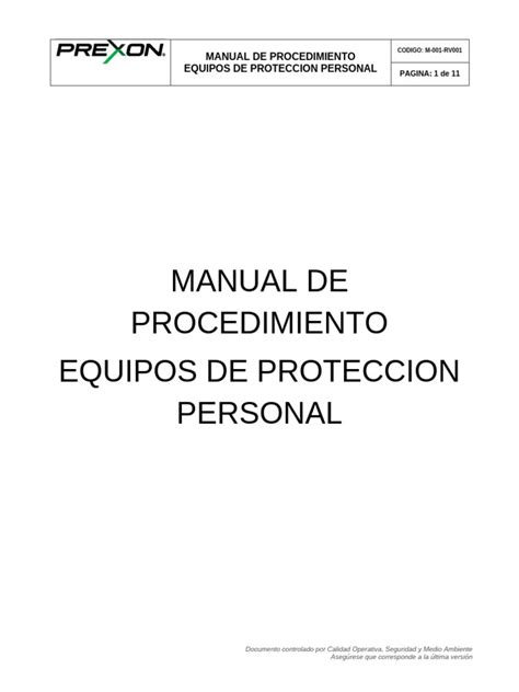 M 001 Rv001 Manual De Procedimiento Elementos De Protección Personal