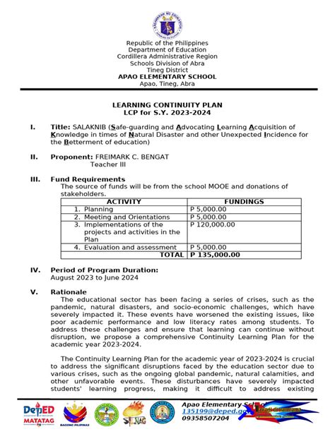 Apao Elementary School Learning Continuity Plan Pdf Teachers Learning