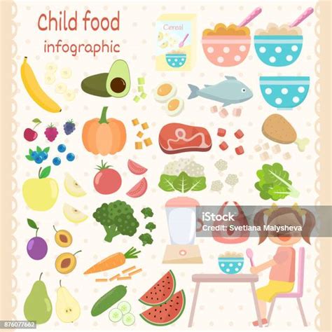 아이 음식 아이콘 설정합니다 유아식 Infographic입니다 야채 과일 고기 생선 시리얼 우유 계란 건강한 생활방식에 대한