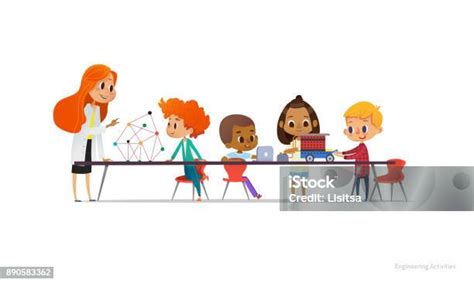 빨간 머리 여 교사 고 학 서와 테이블 건축 및 엔지니어링 레슨 하는 동안 로봇 자동차 프로그래밍 주위에 앉아 배너 포스터