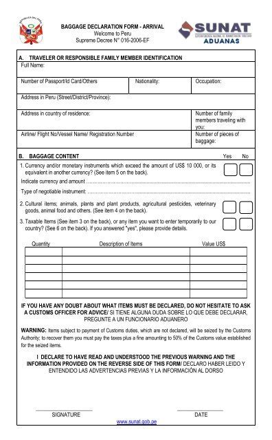 Baggage Declaration Form