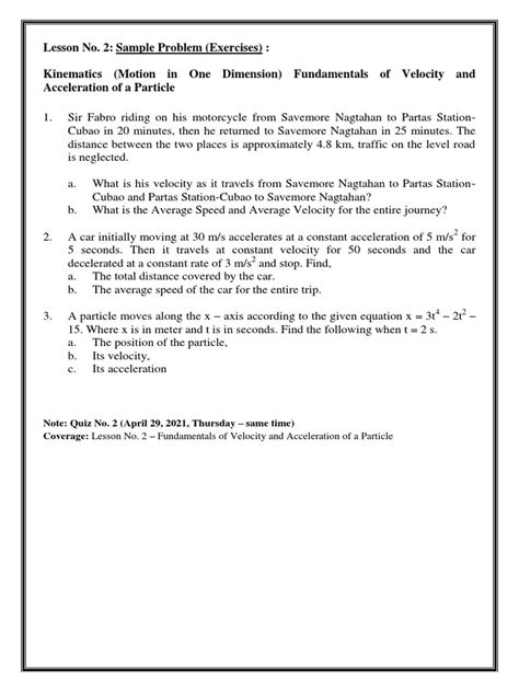 lesson no 2 exercises physics for engineers kinematics velocity and