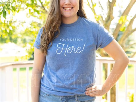 Gildan 64000 Heather Indigo T Shirt Mockup Model Mockup Digital Image