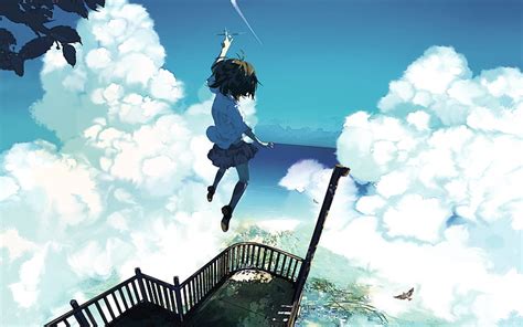 Schoolgirl Anime Illustration Brown Haired Woman Anime Cover Sky