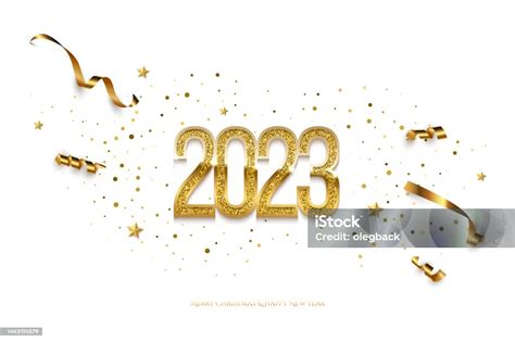 2023 새해 복 많이 받으세요 인사말 카드 벡터 템플릿입니다 축하와 함께 축제 크리스마스 가로 소셜 미디어 배너 디자인 흰색 배경에 색종이 조각이 있는 황금 숫자 12월에