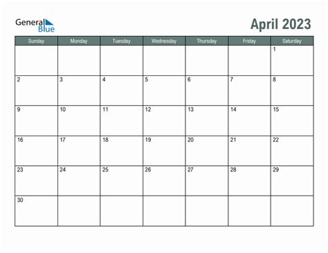 Blank April Monthly Calendar Template
