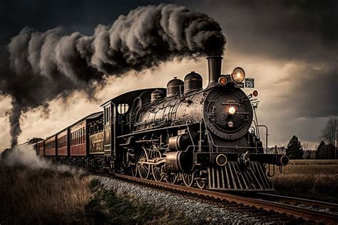 Old Steam Locomotive Pulling Passenger Cars On Rural Train Line Stock