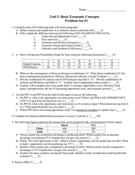 Unit I Basic Economic Concepts Problem Set Name