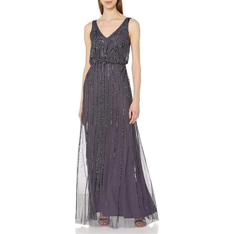 Adrianna Papell Womens Beaded V Neck Blouson Gown Gunmetal Adrianna