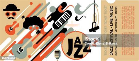 악기와 재즈 축제의 티켓 템플릿입니다 색소폰과 피아노 건반과 기타와 그림 재즈 페스티벌의 다채로운 뮤지션 재즈에 대한 스톡 벡터 아트 및 기타 이미지 Istock