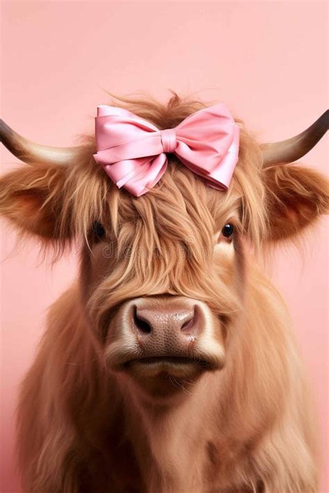 Vaca De Ganado De Montaña Linda Con Cinta De Fondo Rosa Stock De Ilustración Ilustración De