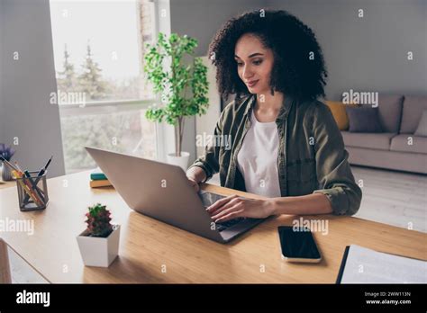 photo of busy pretty lady freelancer dressed shirt coding modern gadget