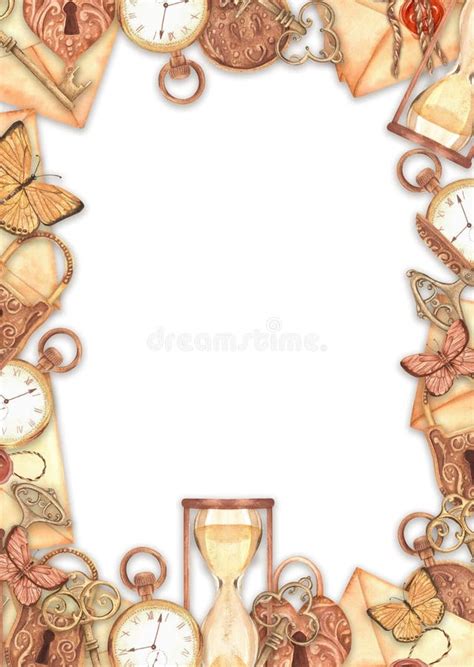 Rectangular Frame With Vintage Keys Padlocks Pocket Watches