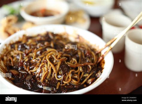 Korean Black Bean Sauce Noodle Traditional Dish Close Up Food Stock