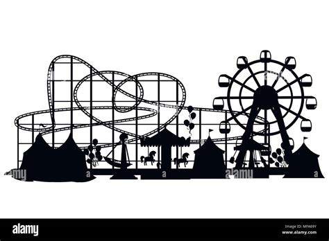 Black Silhouette Amusement Park Cartoon Style Design Roller Coaster