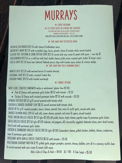 Menu Murrays Cafe