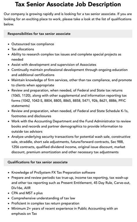 Tax Senior Associate Job Description Velvet Jobs