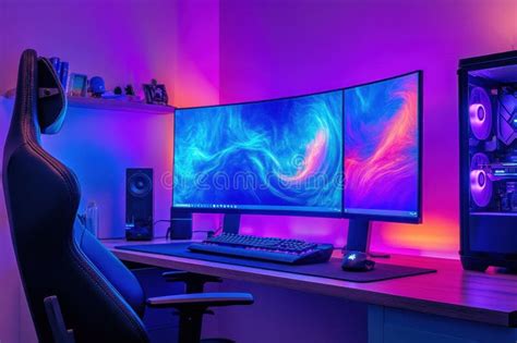 High Tech Dual Monitor Home Office Setup With Ergonomic Chair And Modern Lighting For