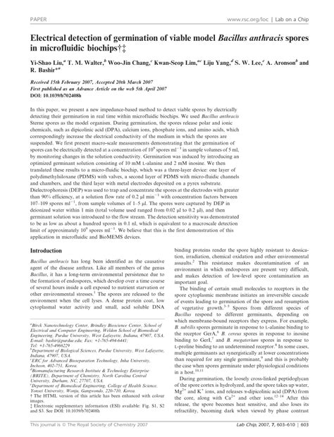 Pdf Electrical Detection Of Germination Of Viable Model Bacillus Anthracis Spores In