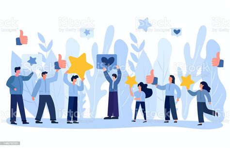 별 등급 시스템을 통해 별 다섯 개 피드백을 주는 인물 캐릭터의 그림 긍정적인 평가와 부정적인 평가를 모두 가진 고객 리뷰를