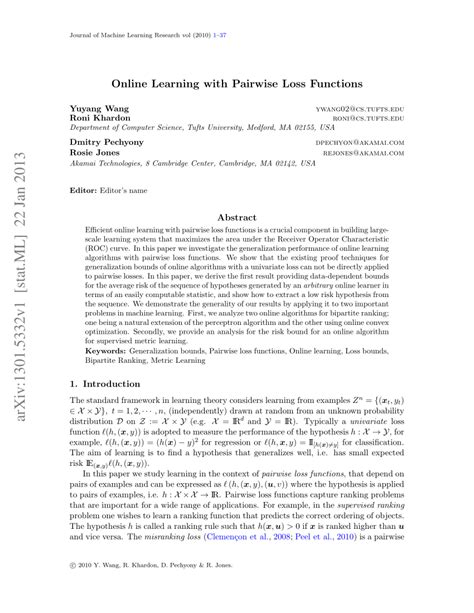 Pdf Online Learning With Pairwise Loss Functions