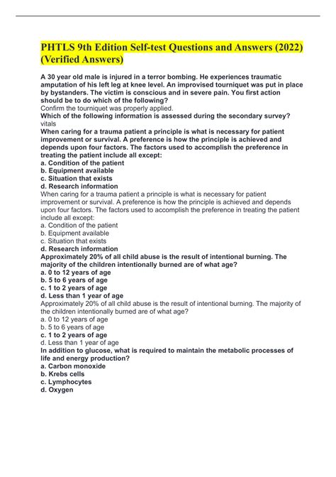 Phtls 9th Edition Self Test Questions And Answers 2022 Verified