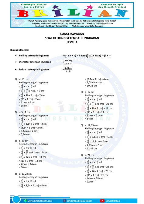 Soal Keliling Setengah Lingkaran Dan Kunci Jawaban Level 1 Bimbel Brilian