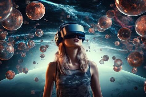 Premium Photo Woman Wearing Virtual Reality Glasses On Futuristic